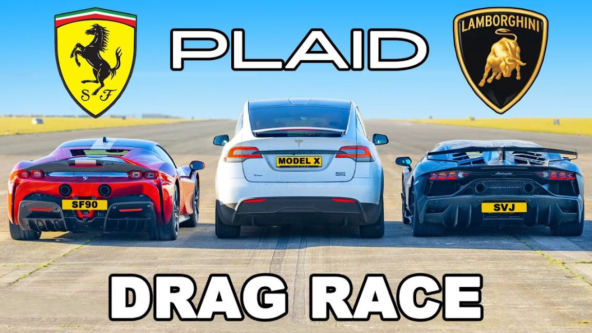 VIDEO: Tesla Model X Plaid vs Ferrari SF90 vs Lamborghini Aventador SVJ